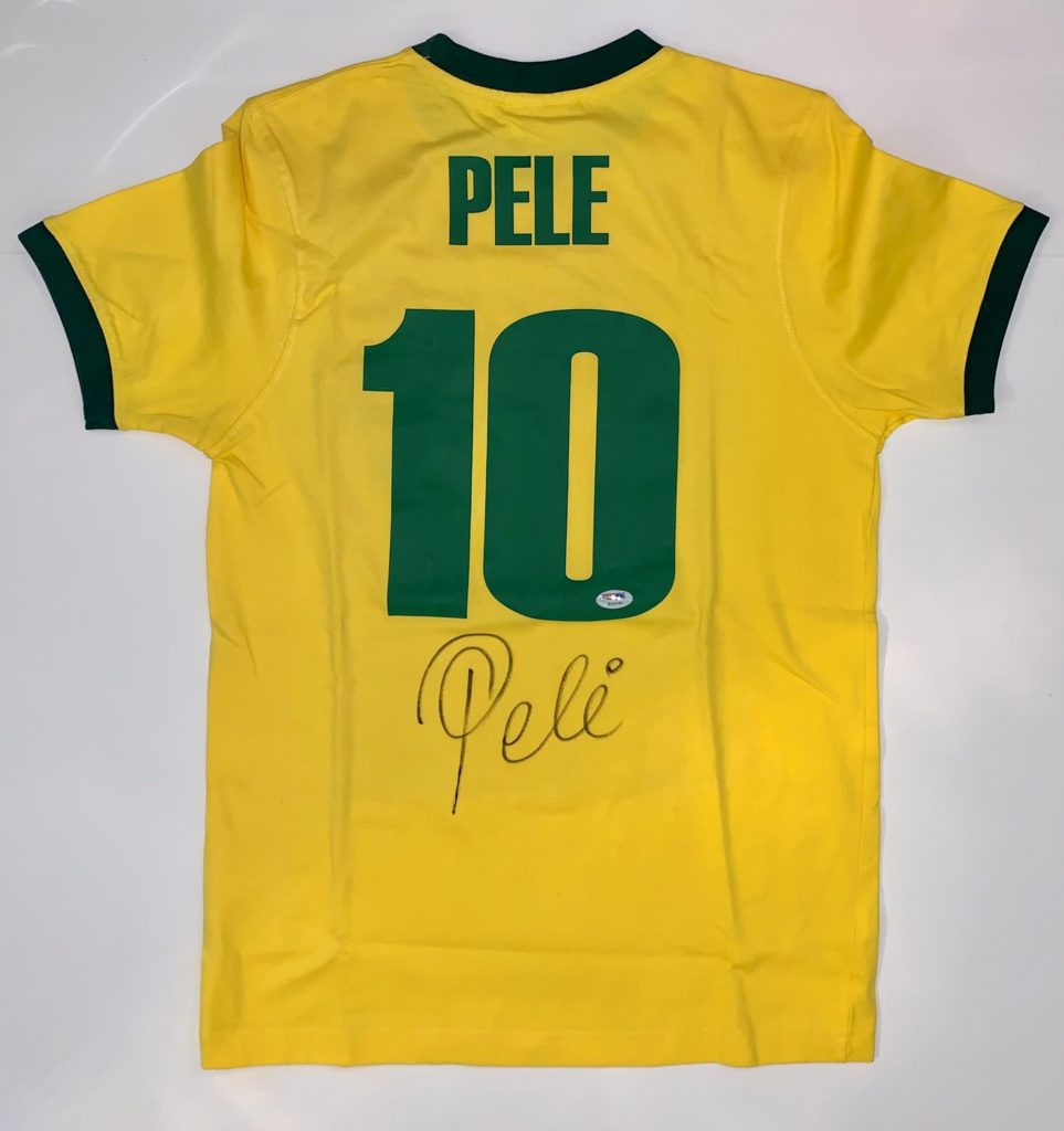 Pele Autographed Brazil Jersey (Black Signature) - The Autograph Source
